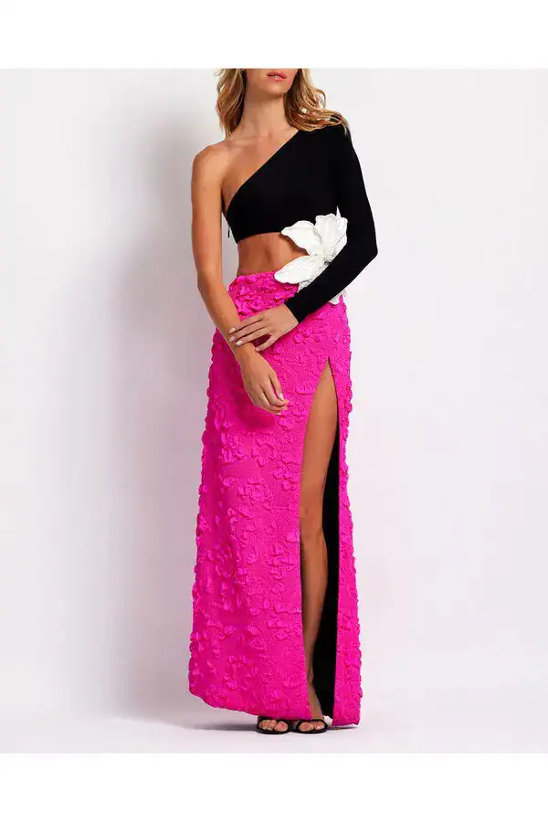 Patbo Stretch Jacquard One Shoulder Maxi Dress Runway - Pink | Editorialist