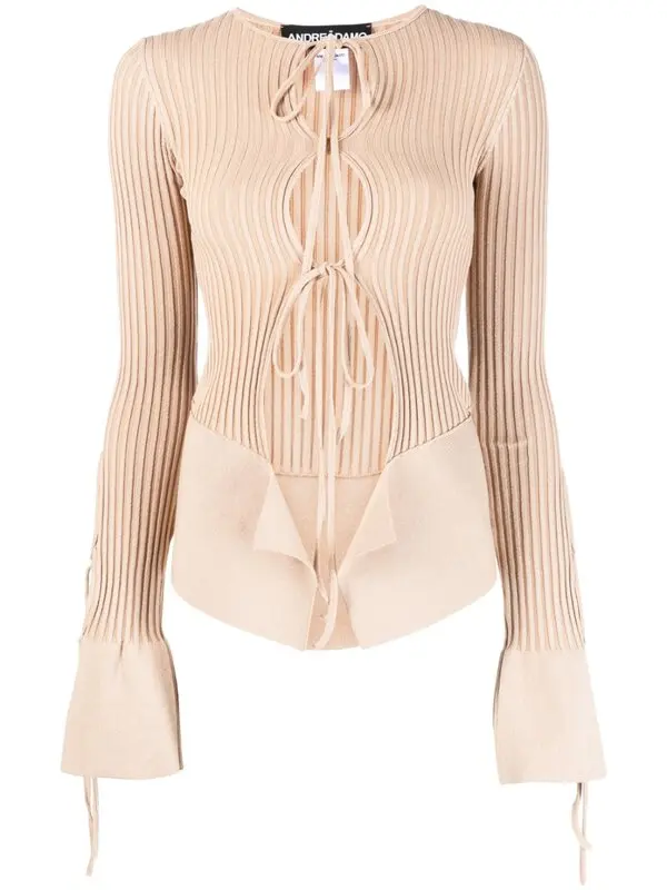 ANDREĀDAMO Tie-fastening Long-sleeve Knitted Top - Neutrals