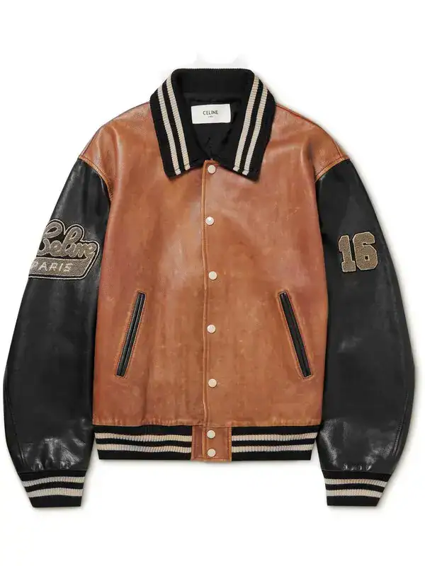 Celine Teddy Oversized Logo-AppliquéD Leather Bomber Jacket
