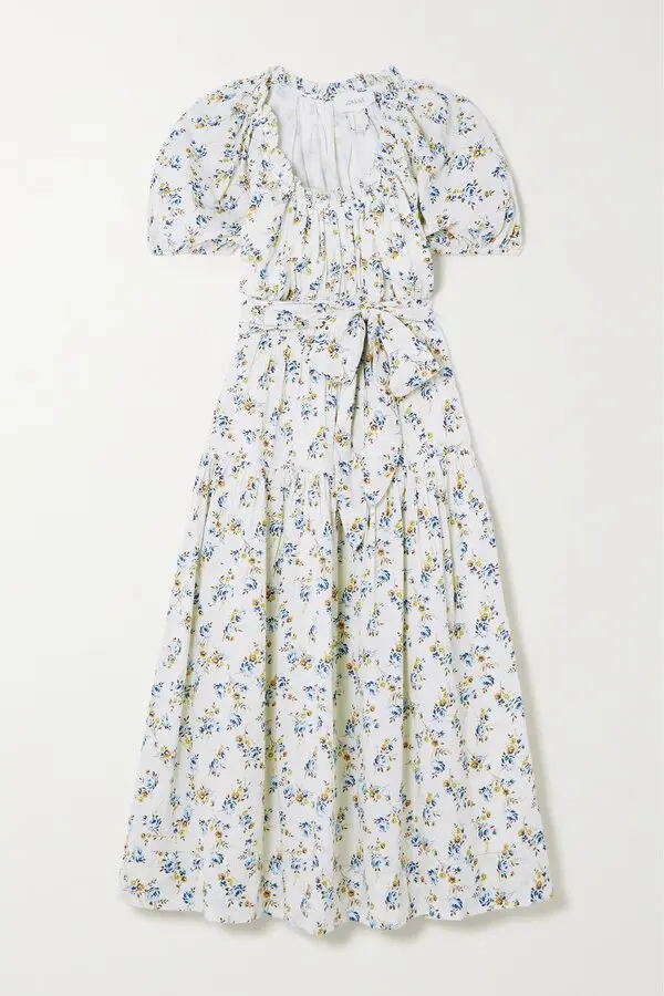 The Great. Moonstone Belted Tiered Floral-Print Cotton-Voile Midi Dress In Blue - 60% Off ...