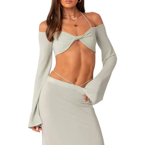EDIKTED Celeste Off The Shoulder Twist Long Sleeve Crop Top
