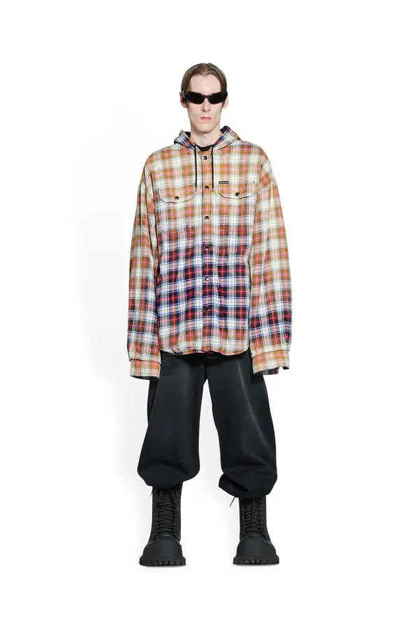 トップス BALENCIAGA Check Flannel Bleached Shirt Balenciaga Men's Bleached Flannel Shirt Jacket w/ Hood - Bergdorf