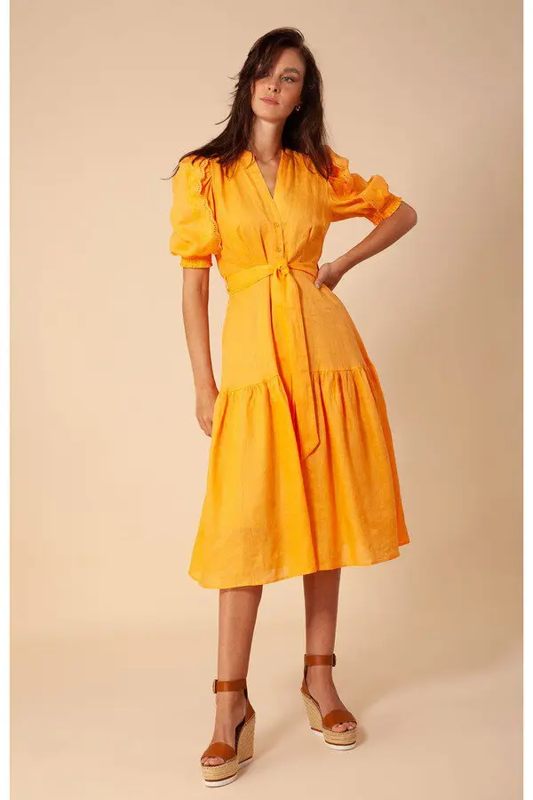 Hale Bob Colette Solid Linen Midi Dress - Orange
