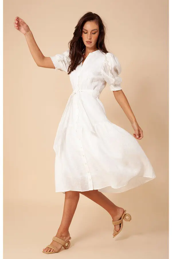 Hale Bob Colette Solid Linen Midi Dress - White
