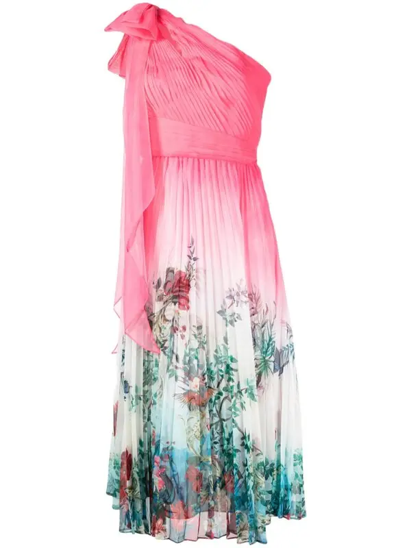 Marchesa Floral-Print Pleated Dress In Pink - 60% Off | Editorialist