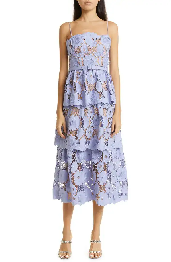 Self-Portrait 3d Floral Lace Tiered Cotton Midi Dress In Purple