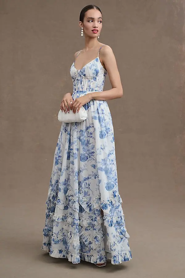 V. CHAPMAN Carmen Corset Front-slit Ruffled Gown - Light Blue