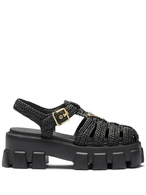 Prada Monolith Raffia Platform Sandals - Black | Editorialist