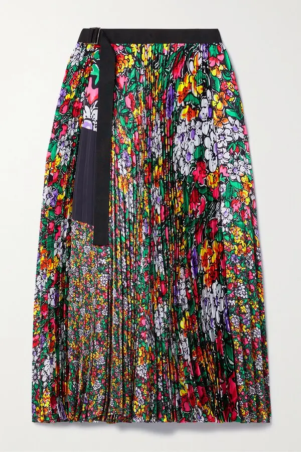Sacai Belted Floral-Print Plissé-Satin Midi Wrap Skirt In Green