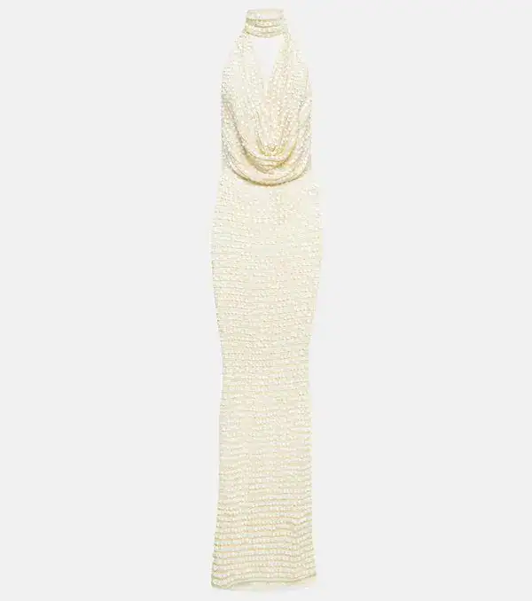 Aya Muse Sequined Halter Maxi Dress In White - 30% Off | Editorialist