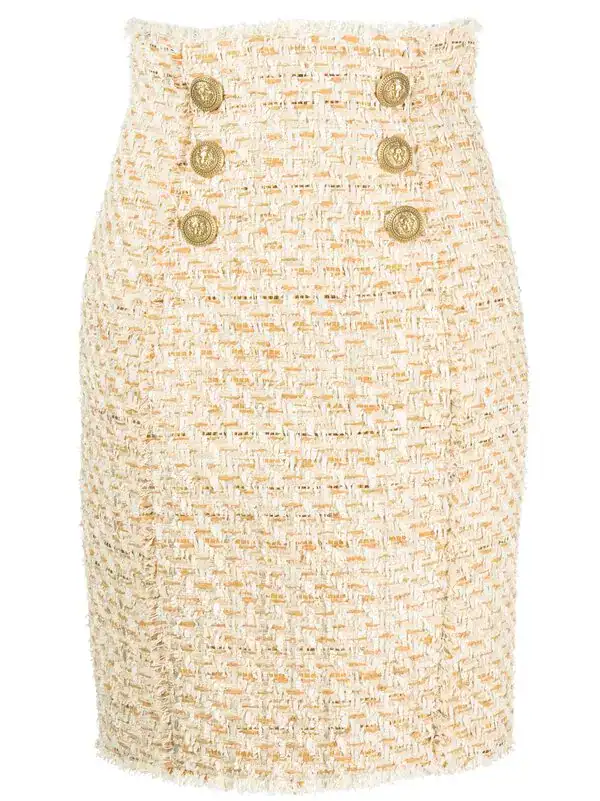 Balmain Button-Embellished Tweed Skirt Neutrals 60% Off