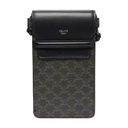Celine Phone Pouch With Flap In Triomphe Canvas And Lambskin - Black ...