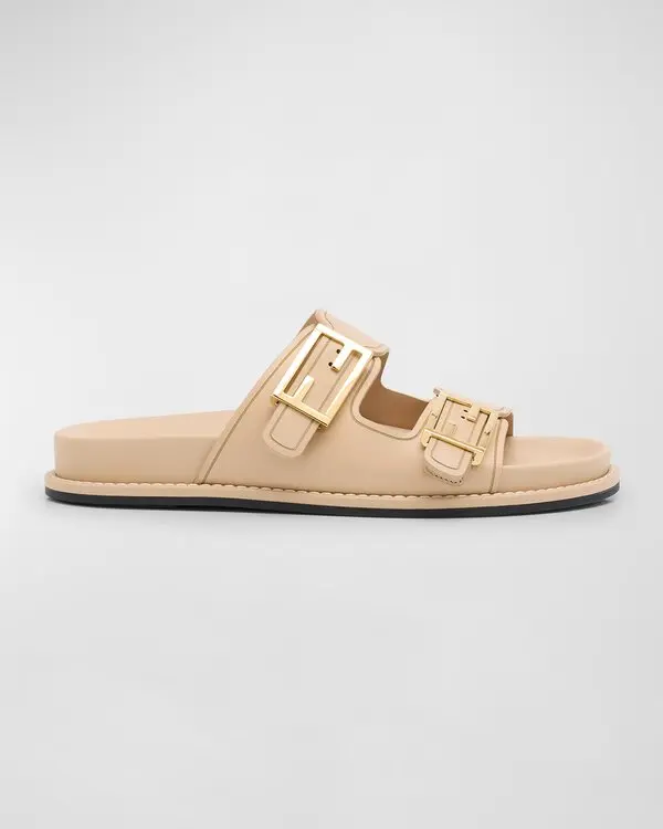 Fendi F Buckle Leather Slide Sandals - Beige