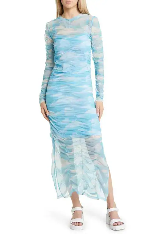 Dressed In Lala Long Sleeve Ruched Mesh Dress - Clouds | Editorialist