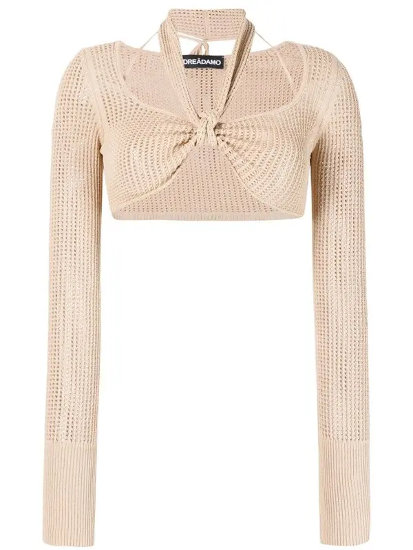 ANDREĀDAMO Open-knit Halterneck Crop Top - Neutrals