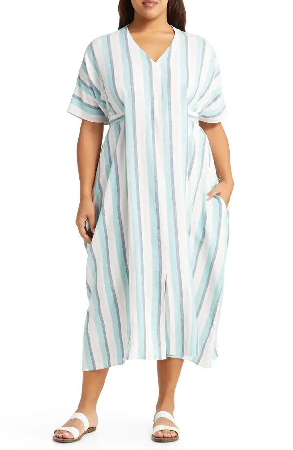 Caslon Tie Back Linen Blend Dress In Teal Shore Napa Stripe 62
