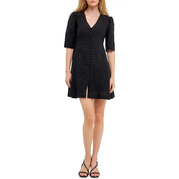 English Factory Broderie Lace Mini Dress - Black