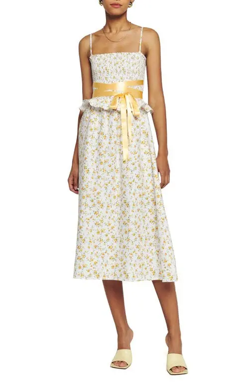 Reformation Miles Smocked Ribbon Tie Linen Dress In Adagio - 51% Off |  Editorialist