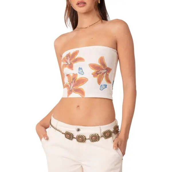 EDIKTED Tiger Lily Print Cotton Tube Top - White