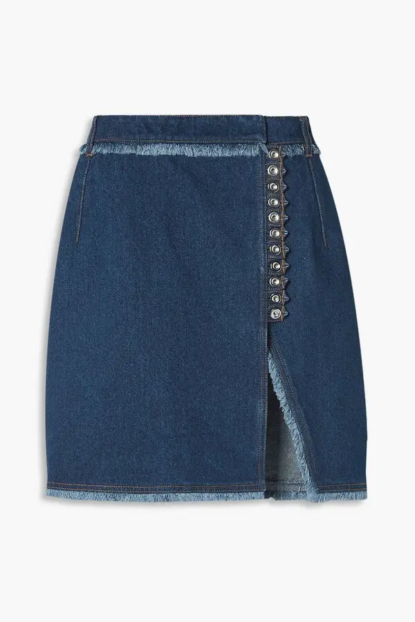Rabanne Frayed Denim Mini Wrap Skirt In Dark Denim 70% Off