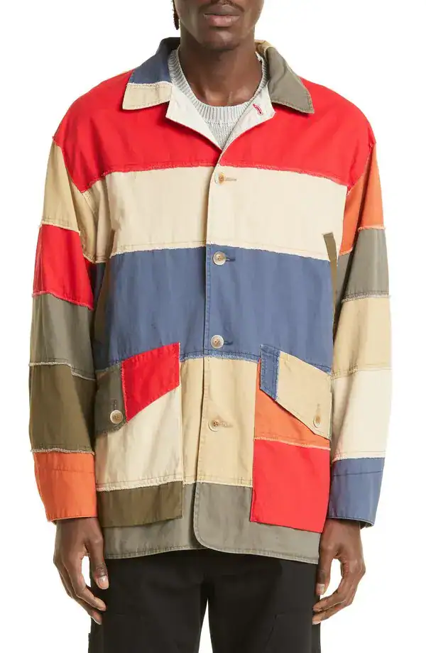 F-Lagstuf-F Patchwork Cotton Safari Jacket In Green Multi - 40 