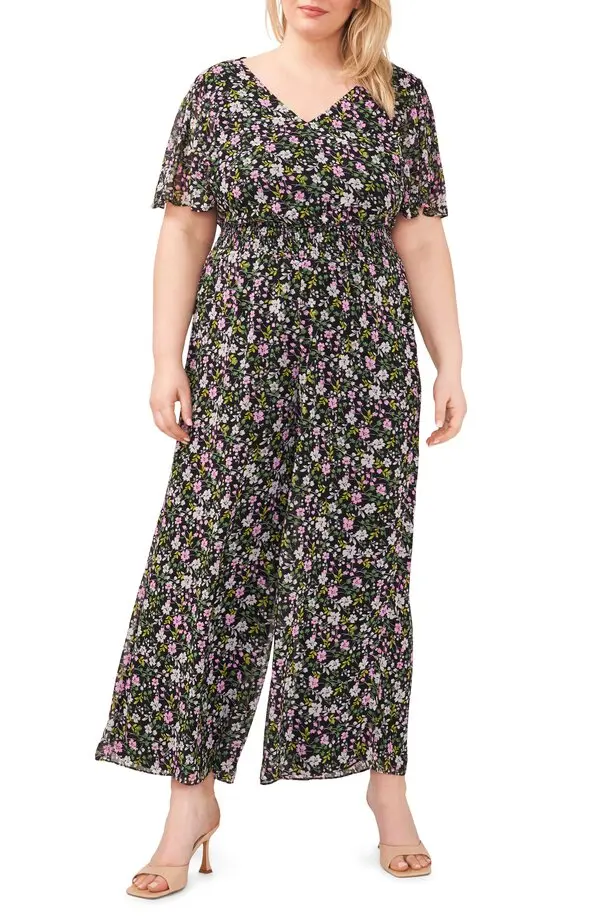 Vince Camuto Floral Print Split Hem Wide Leg Jumpsuit In Rich