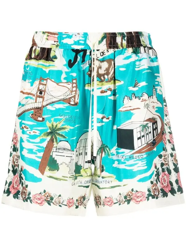 Amiri Graphic-print Silk Shorts - Blue