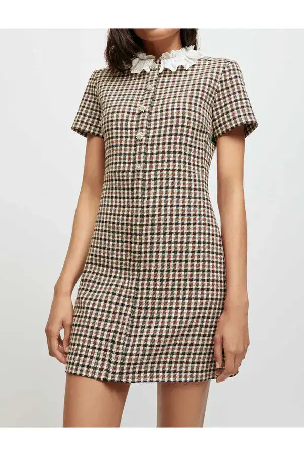 Maje Checked Dress With Lace Collar In Brown - 65% Off | Editorialist