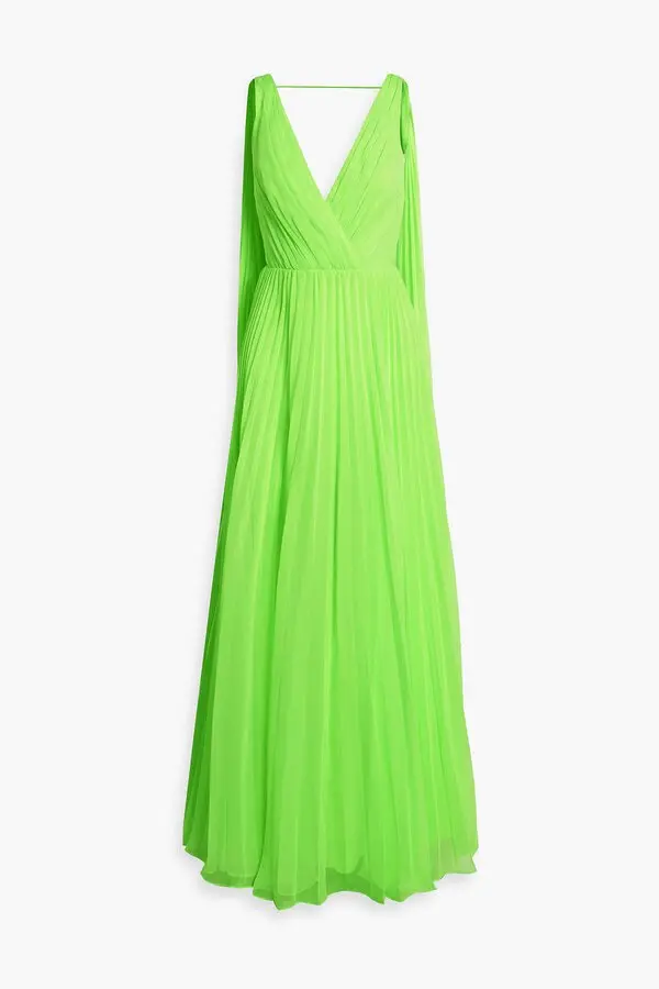 Monique Lhuillier Draped Pleated Chiffon Maxi Dress In Bright Green - 55%  Off | Editorialist