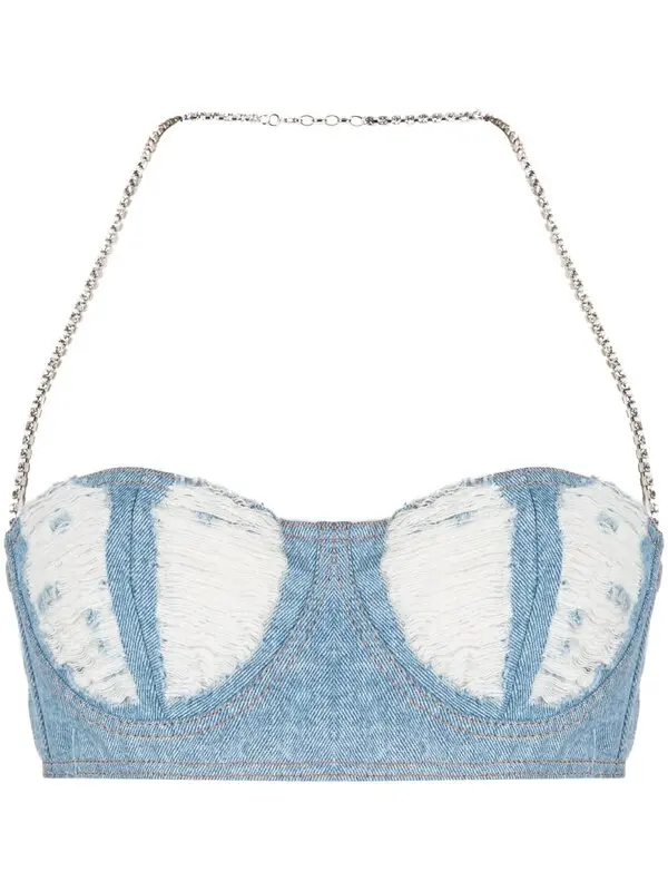 Gcds Ribbed Washed-denim Crop Top - Blue