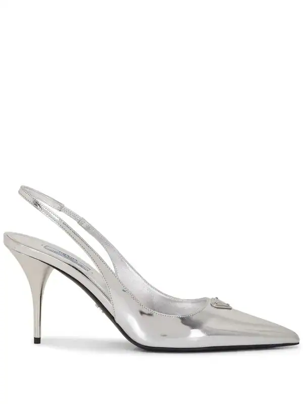 Prada Triangle Logo 85mm Metallic Slingback Pumps Silver