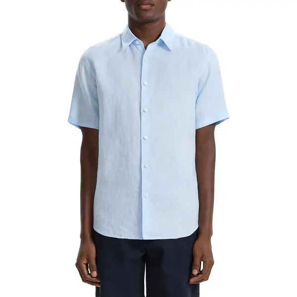 Theory Irving Solid Short Sleeve Linen Button-up Shirt - Skylight