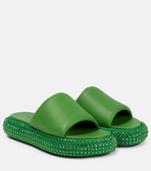JW Anderson Embellished Leather Slides - Green