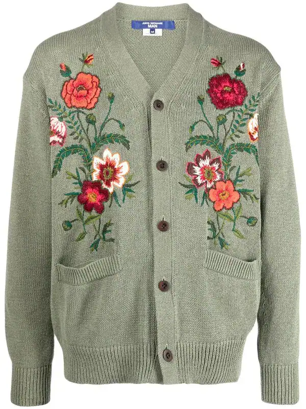 Junya Watanabe Floral-Embroidered V-Neck Cardigan In Green - 30