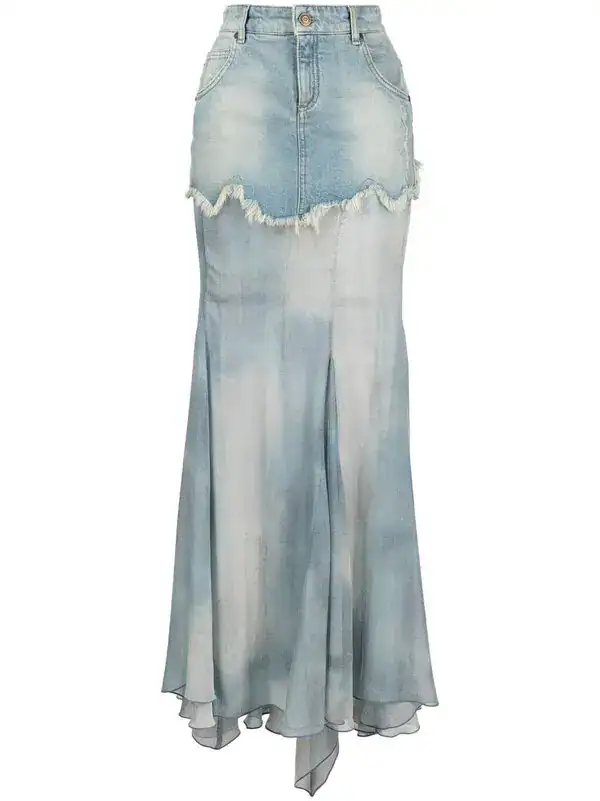 Blumarine Asymmetric Layered Silk-Chiffon And Denim Maxi Skirt In