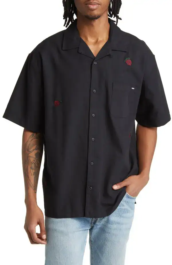 Vans Strawberry Short Sleeve Button-Up Camp Shirt In Black 20