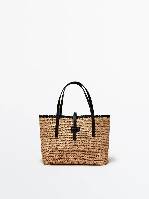Massimo Dutti Raffia Mini Tote Bag With Leather Handles - Beige ...