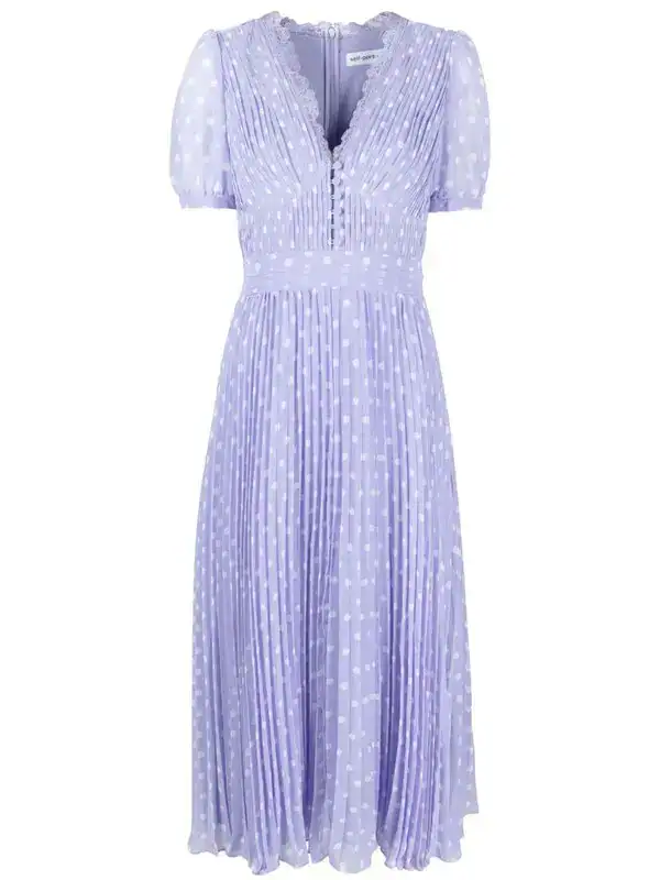 Self-Portrait Polka-Dot Print Pleated Chiffon Midi Dress In Purple - 51%  Off | Editorialist