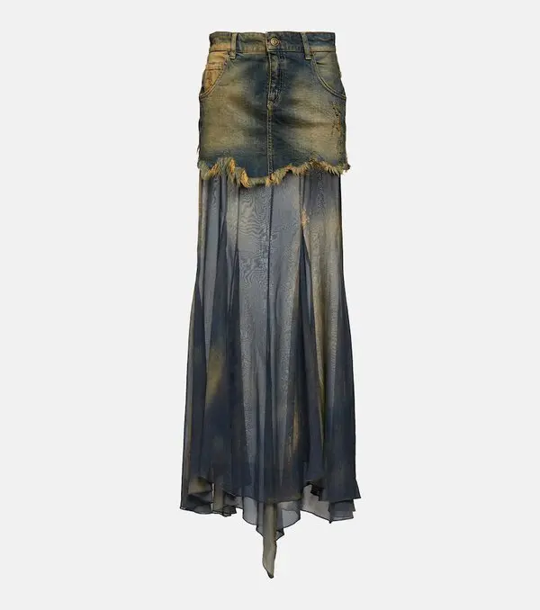 Blumarine Denim And Silk Chiffon Maxi Skirt