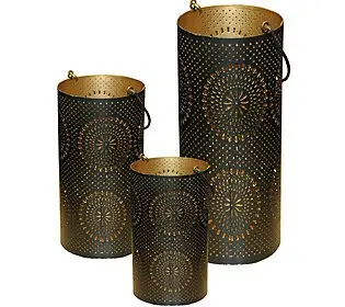 NORTHLIGHT Floral Cutout Pillar Candle Lanterns Set