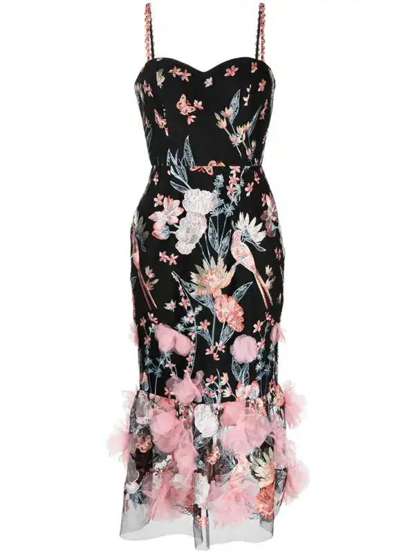 green emerald velvet dress Botanical Embroidered Midi Dress
