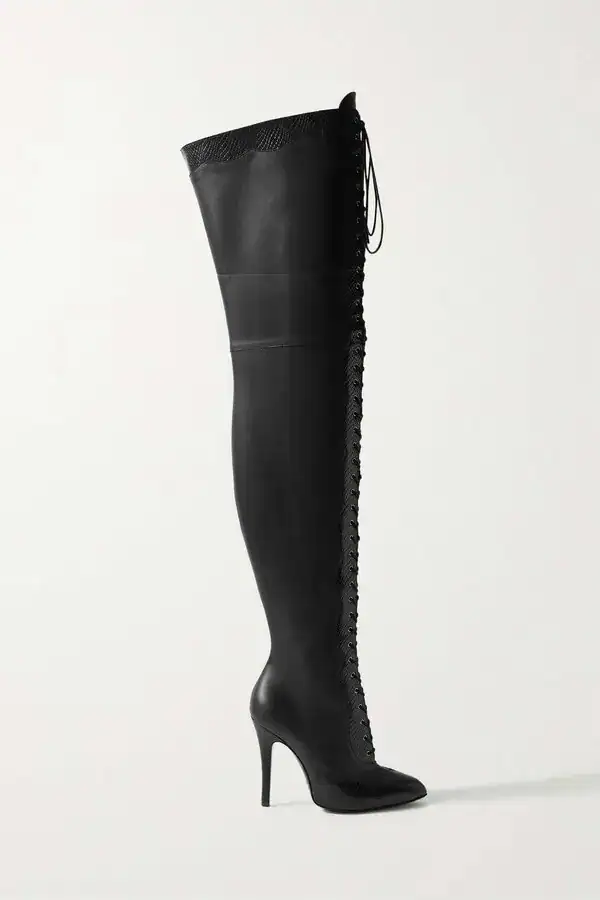 Gucci Harriet Laceup Leather Overtheknee Boots Black Editorialist