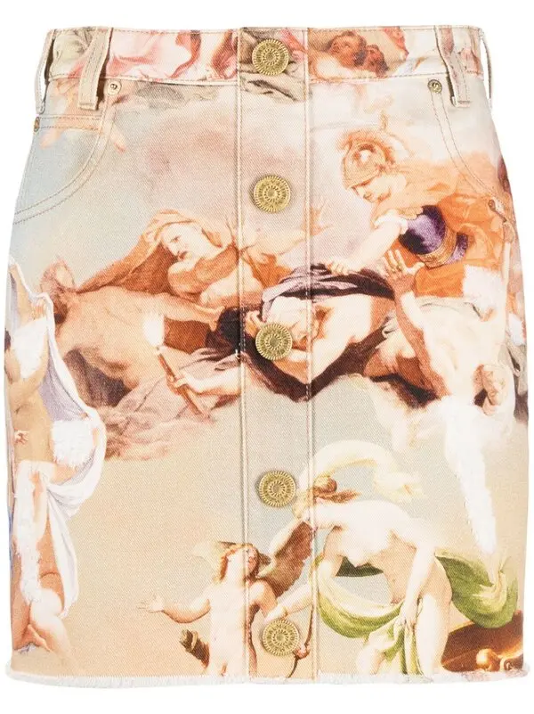 Balmain Printed Denim Miniskirt - Neutrals