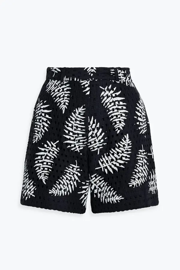 Oscar De La Renta Printed Cotton Macramé Shorts - Black