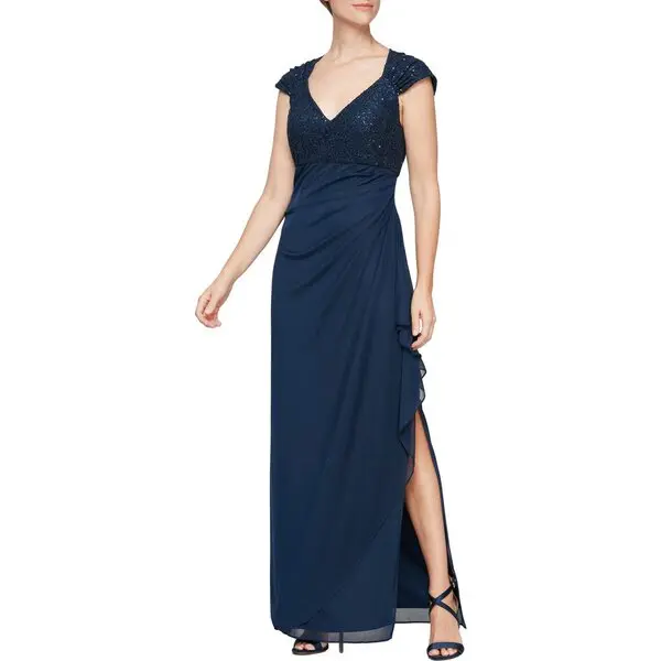 Alex Evenings Cap Sleeve Empire Waist Gown - Navy