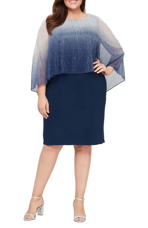 Sl Fashions Metallic Ombr Capelet Overlay Sheath Dress - Navy |  Editorialist