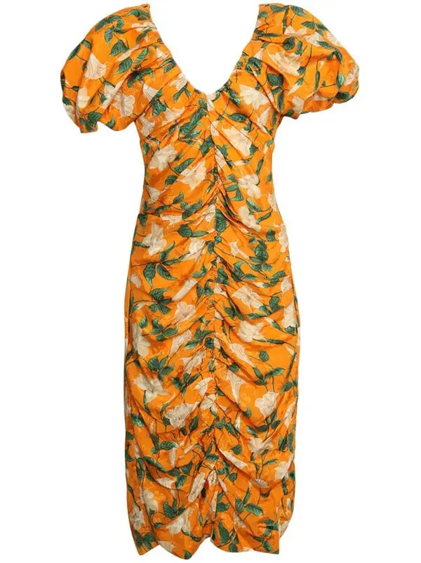 Agua Bendita Floral-print Ruched Dress - Orange