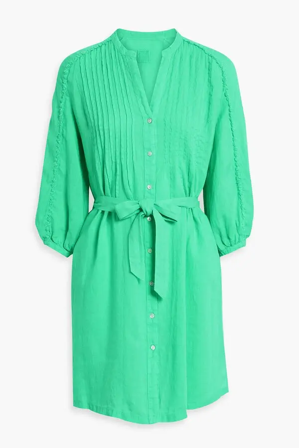 120% Lino Belted Pintucked Linen Mini Dress In Mint - 75% Off | Editorialist