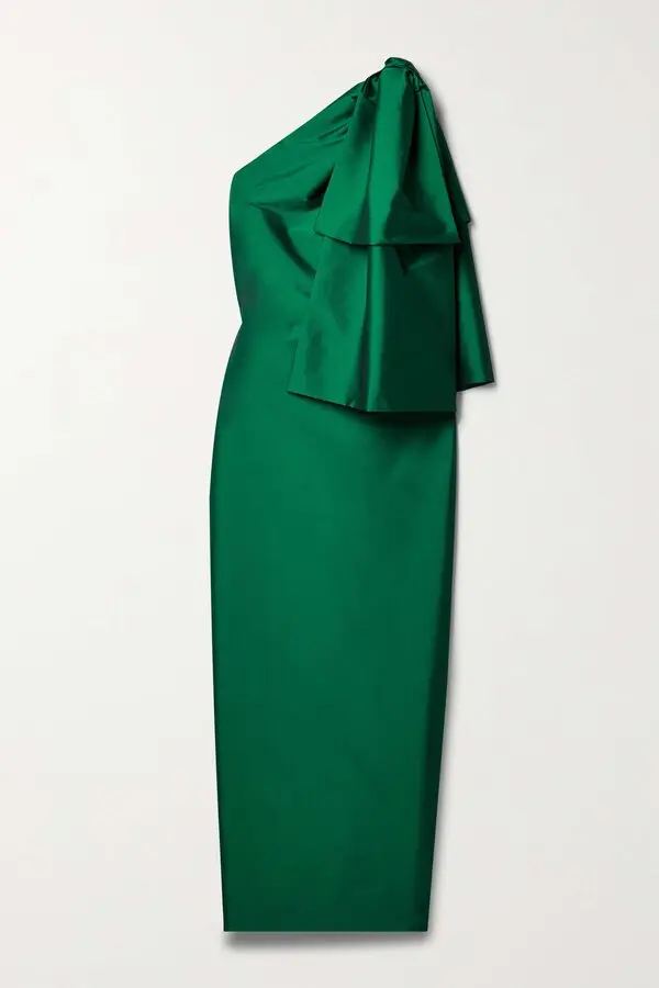 Bernadette Josselin One-Shoulder Bow-Detailed Taffeta Midi Dress - Emerald  | Editorialist