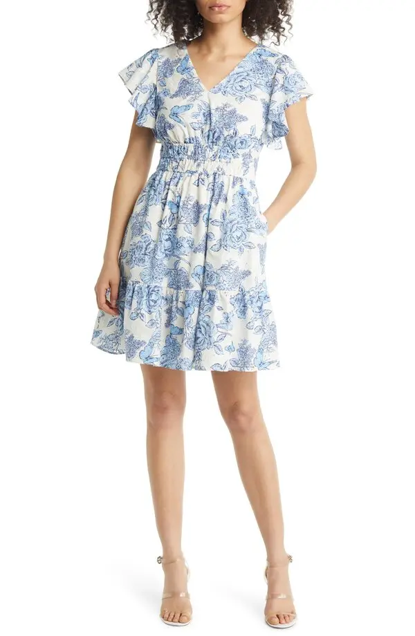 Eliza J Floral Flutter Sleeve Dress In Blue - 50% Off | Editorialist
